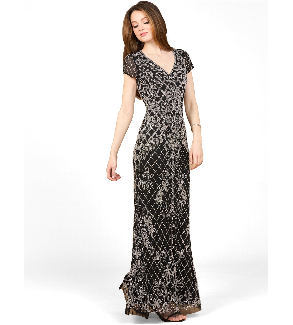 Click here for Lara Womens Cap Sleeve Mermaid Beaded Gown - Black prices