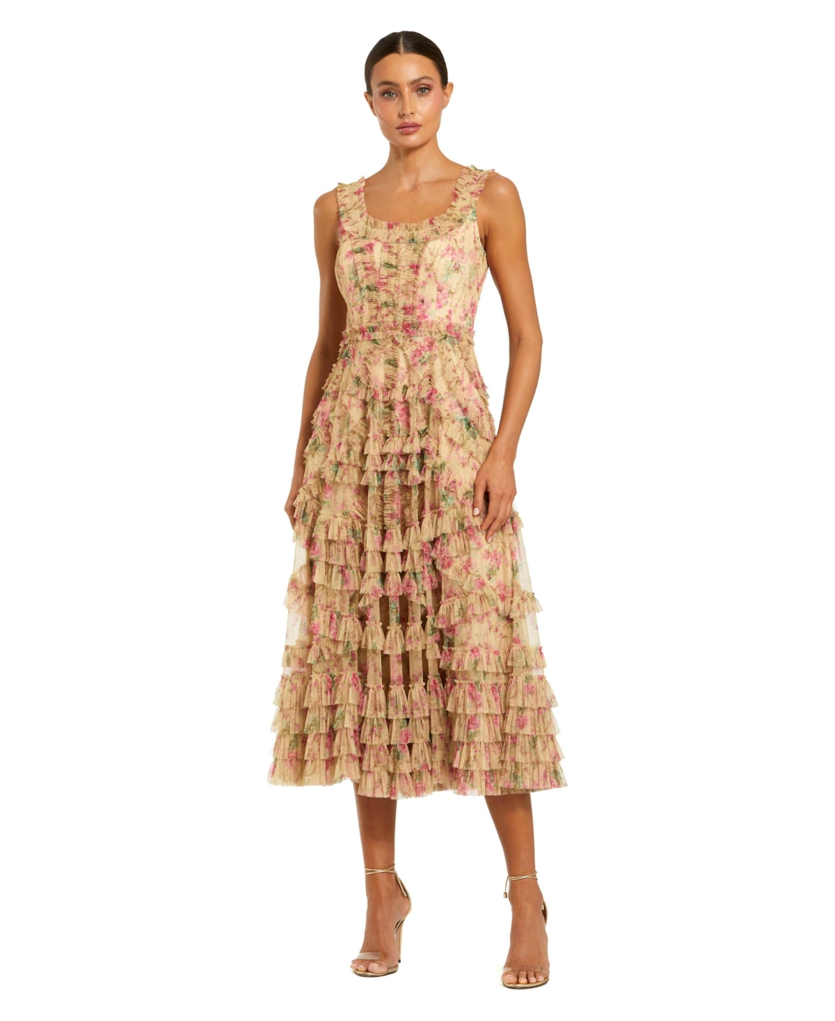 Mac Duggal Womens Floral Printed Sleeveless Ruffle Midi Dress - Beige multi