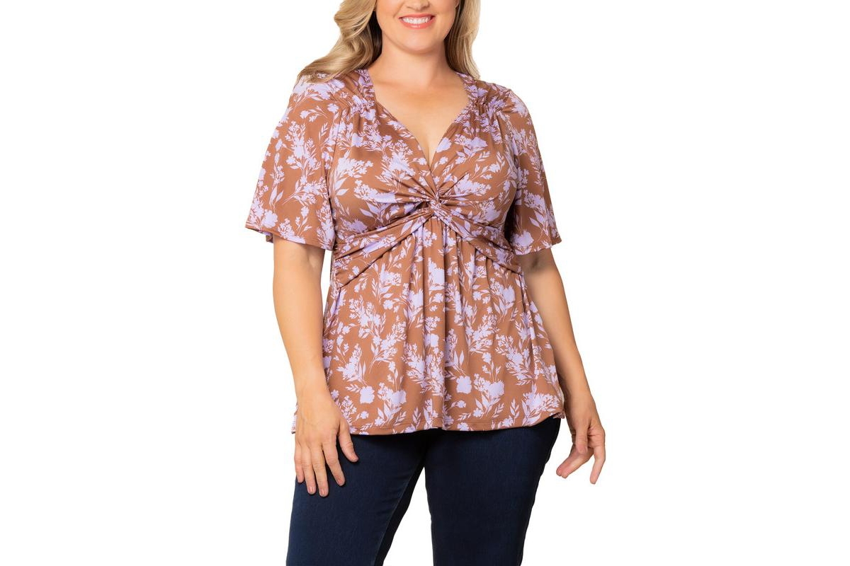 Click here for Kiyonna Plus Size Abby Twist Front Top - Lavender... prices