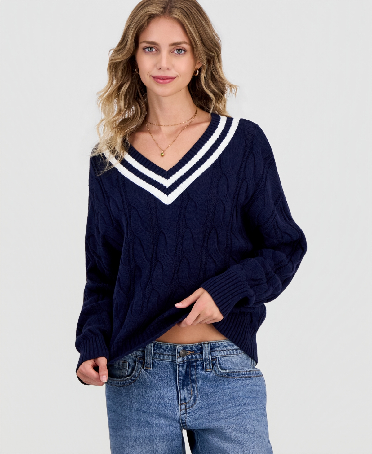 Click here for Hippie Rose Juniors V-Neck Varsity Cable-Knit Swea... prices