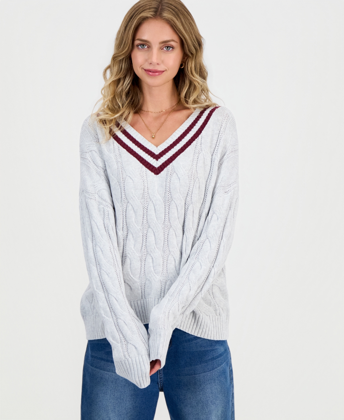 Click here for Hippie Rose Juniors V-Neck Varsity Cable-Knit Swea... prices
