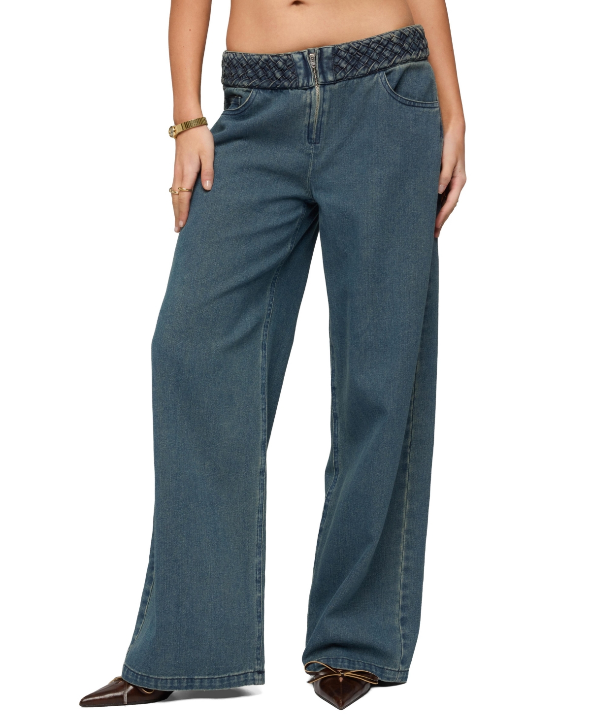Click here for Edikted Womens Braidey Low Rise Baggy Jeans - Blue... prices