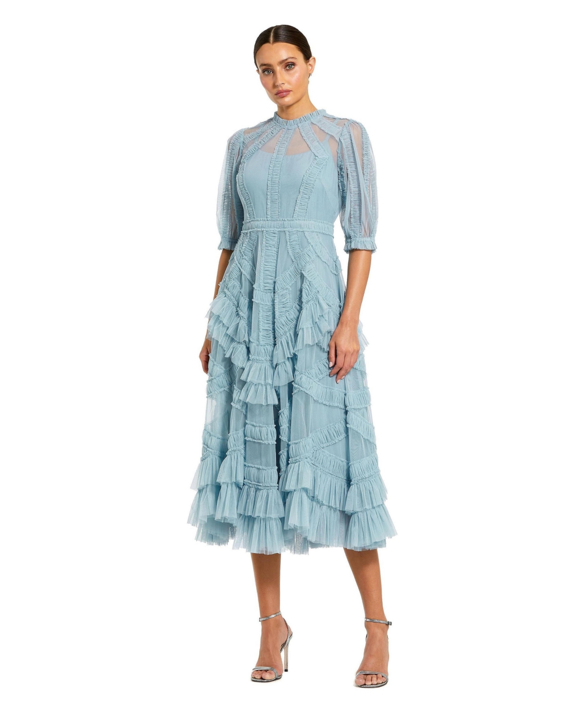 Click here for Mac Duggal Petite Illusion High Neck Tiered Ruffle... prices