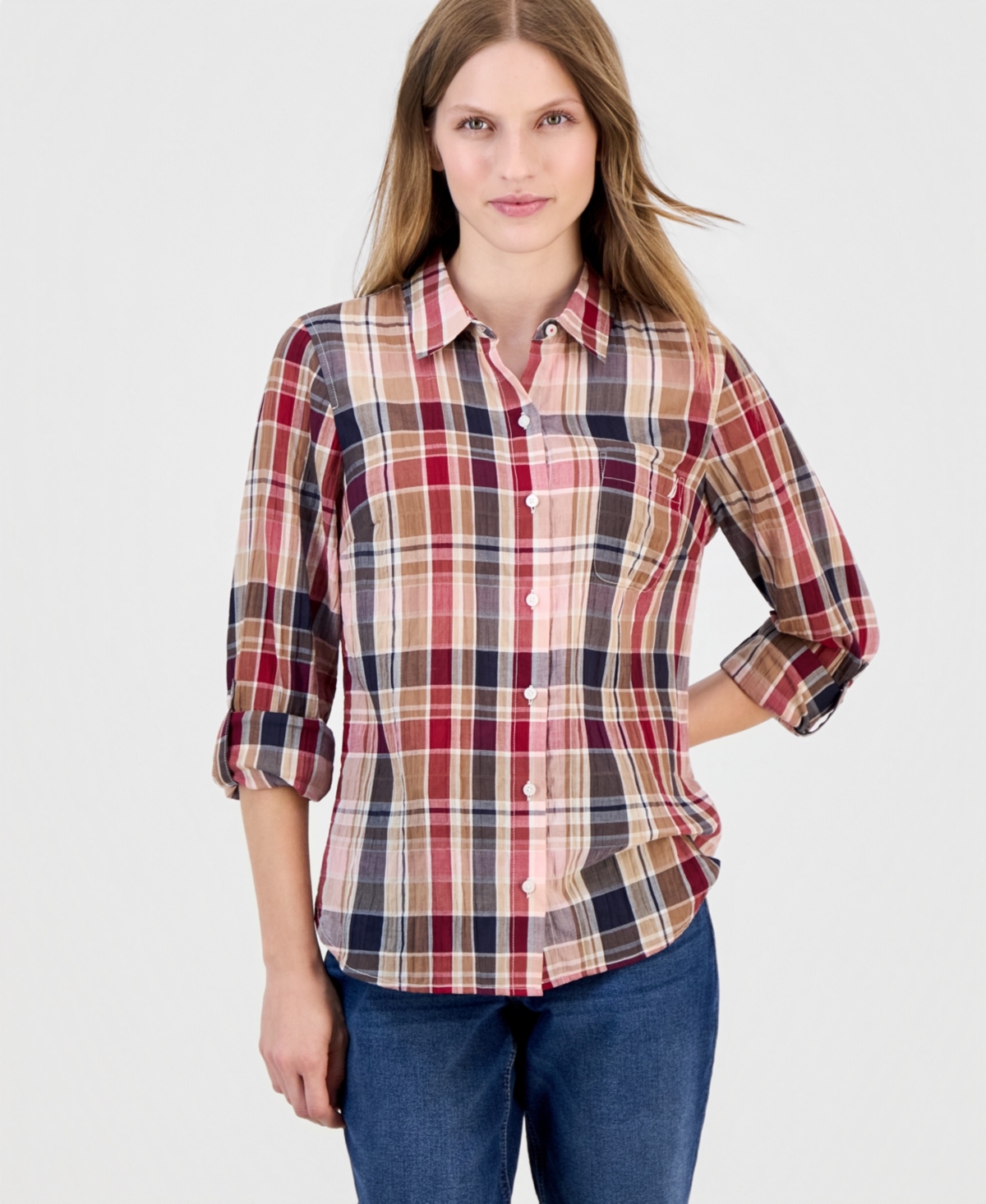 Click here for Nautica Womens Crinkle Plaid Roll-Tab Shirt - Brid... prices