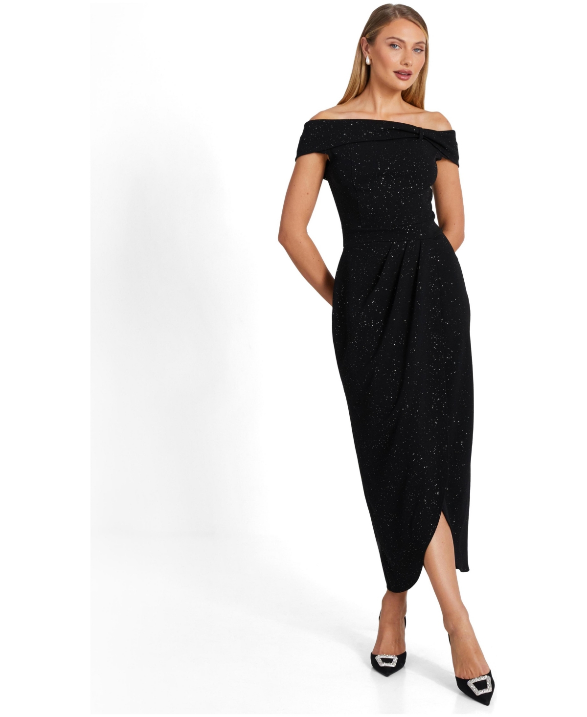 Click here for Quiz Womens Bardot Wrap Midi Dress - Black prices