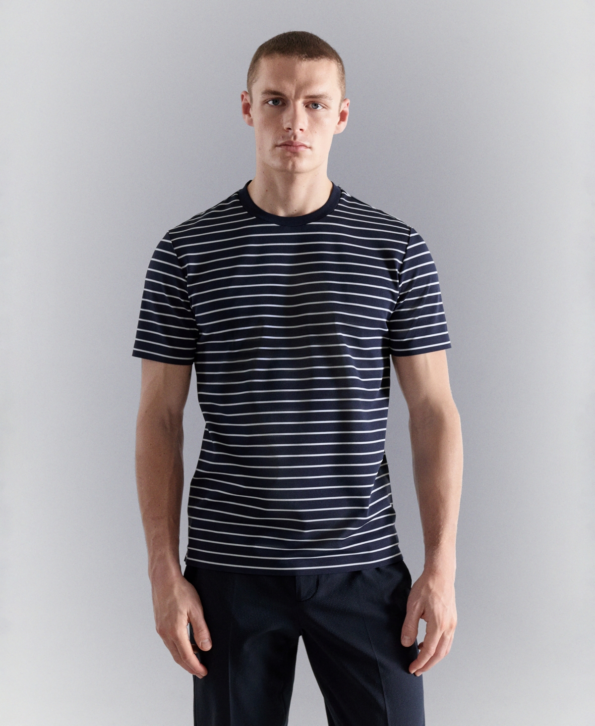 Click here for Mango Mens Coolmax Slim-Fit Striped T-Shirt - Navy prices