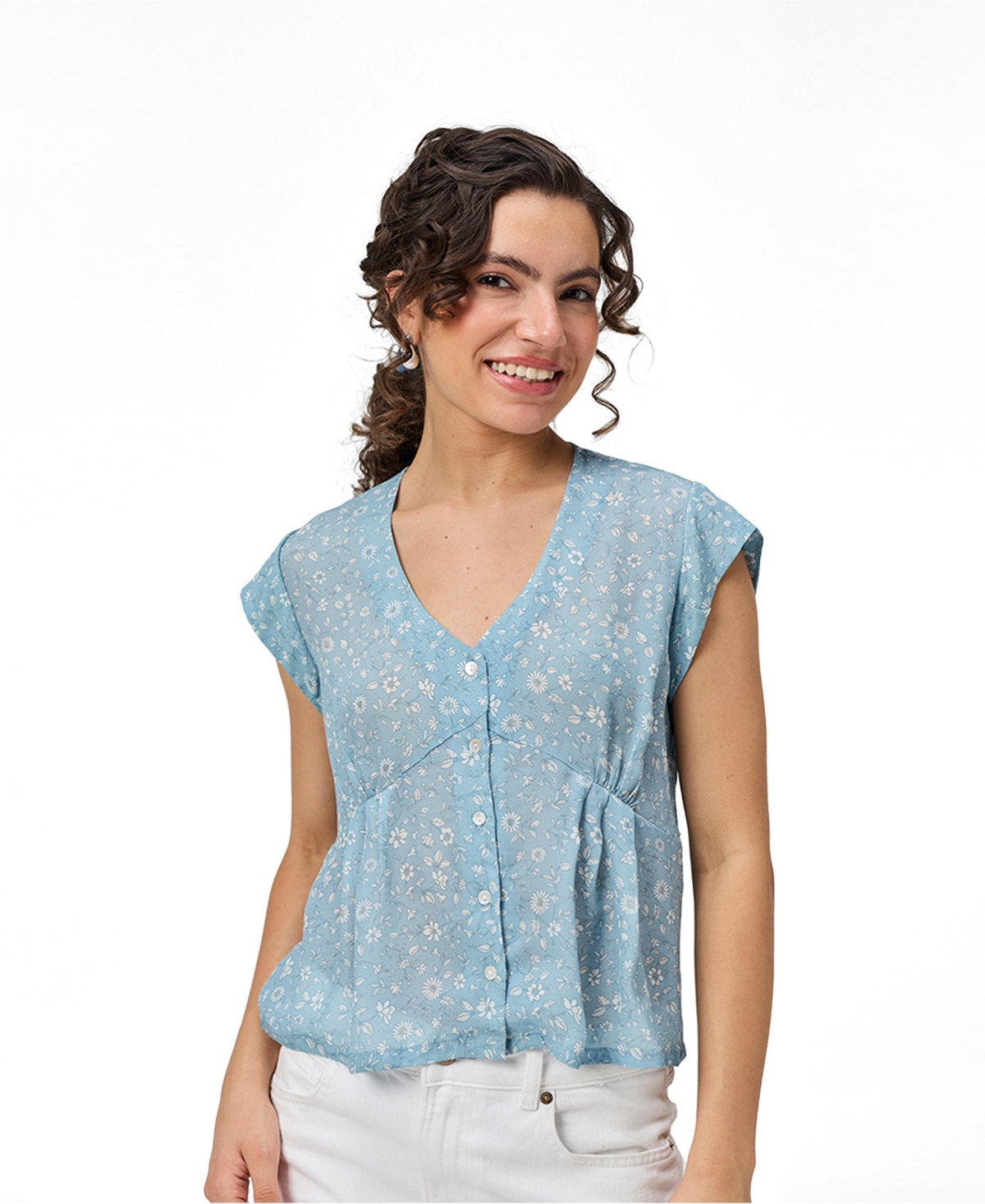 Click here for Reistor Womens Deep V Neck Top in Blue Florals - S... prices