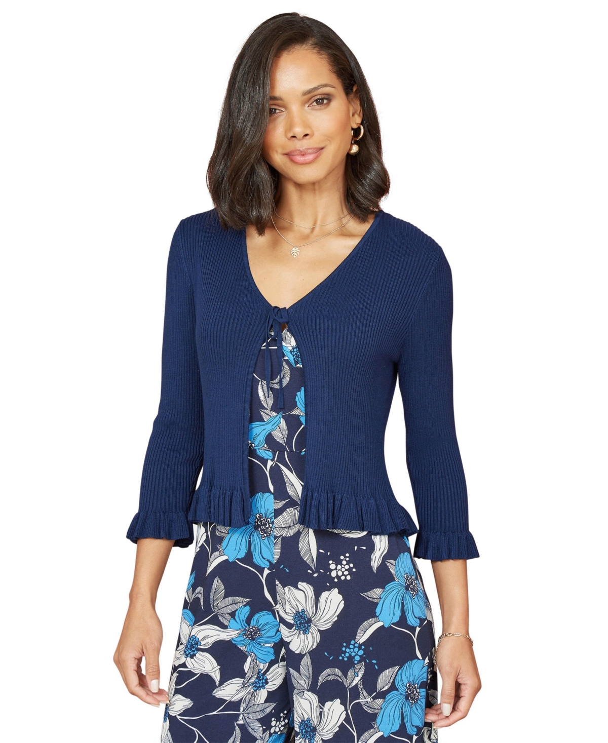 Click here for Yumi Womens Tie Up Ribbed Frill Hem Cardigan - Nav... prices