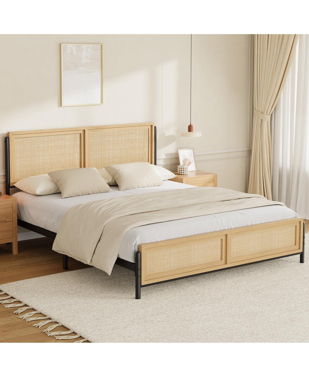 Click here for homfan Boho Bed Frame with Rattan Headboard and Fo... prices
