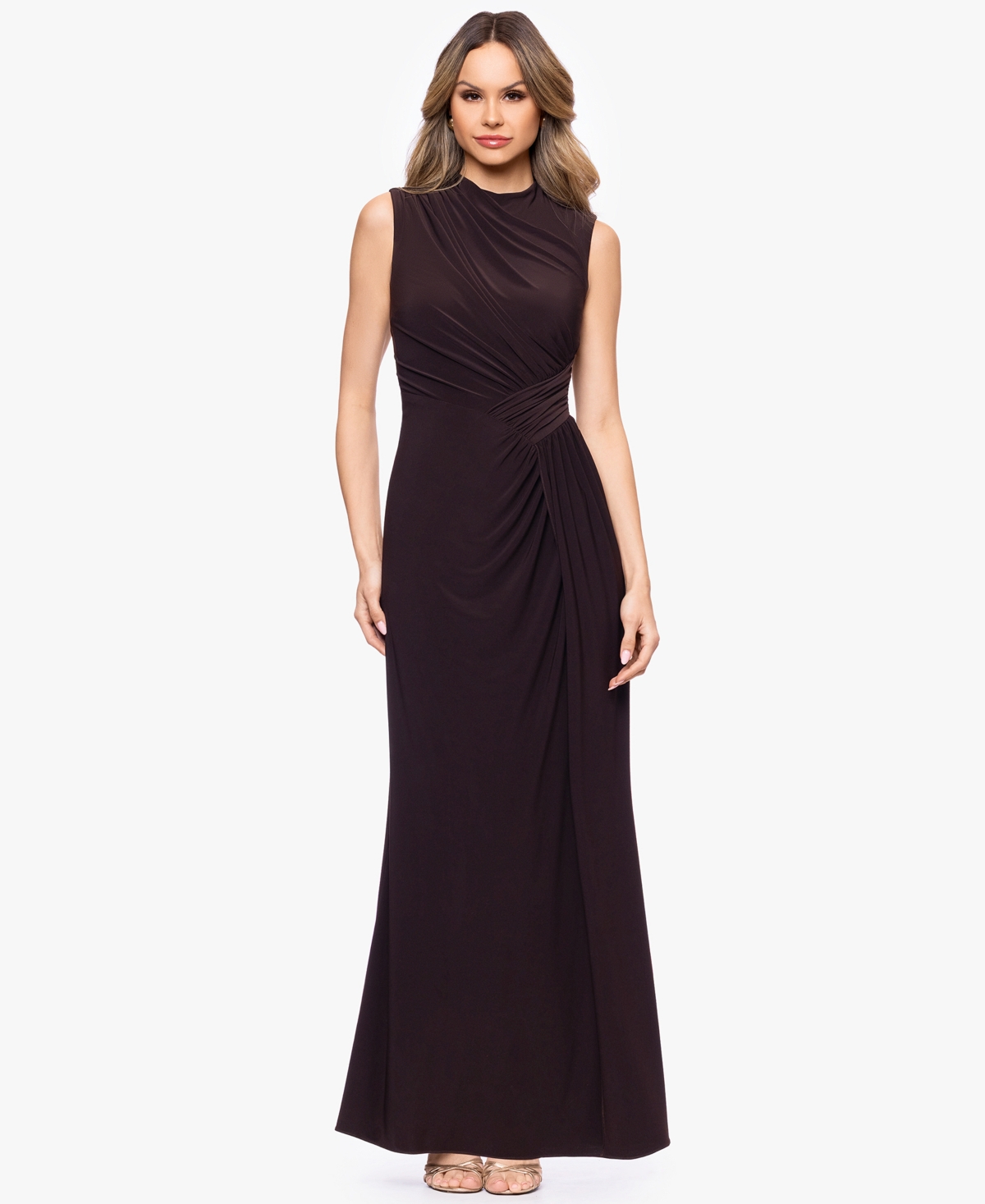 Click here for Betsy & Adam Petite Sleeveless Mock Neck Ball Gown... prices