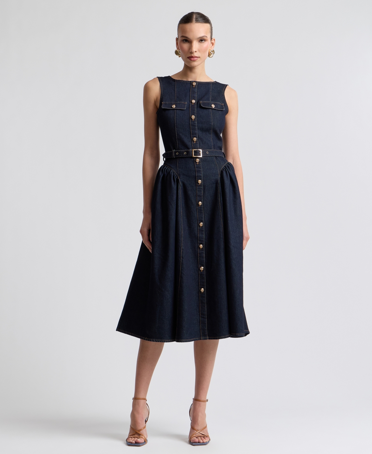 Click here for Avec Les Filles Womens Sleeveless Denim Midi Dress... prices