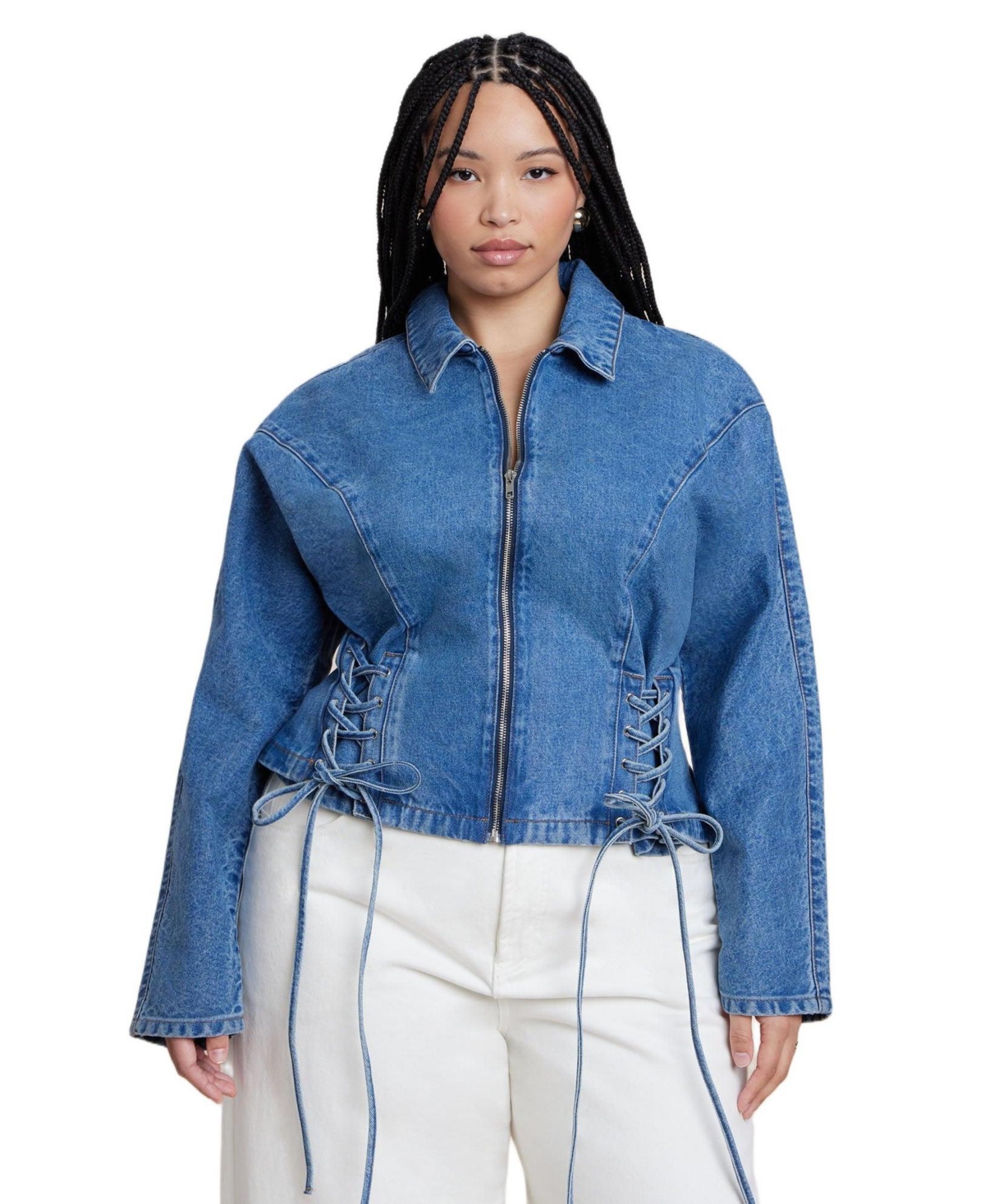 Click here for Eloquii Womens Lace Up Denim Jacket - Medium wash prices