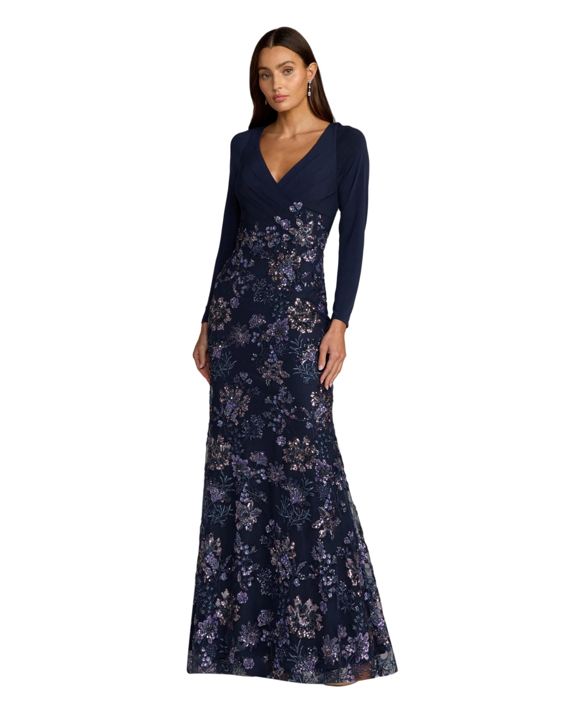 Click here for Mac Duggal Petite Navy Floral Embroidered Jersey L... prices