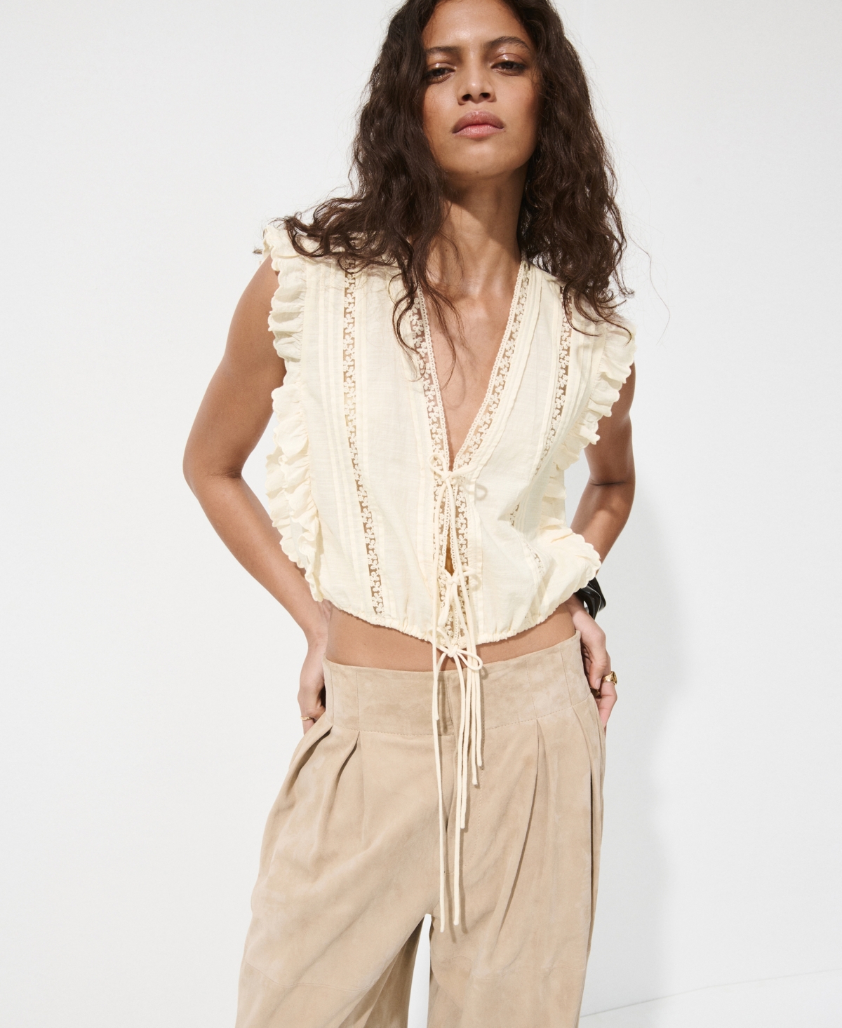 Click here for Mango Womens Cotton Ruffled Lace Blouse - Ecru prices