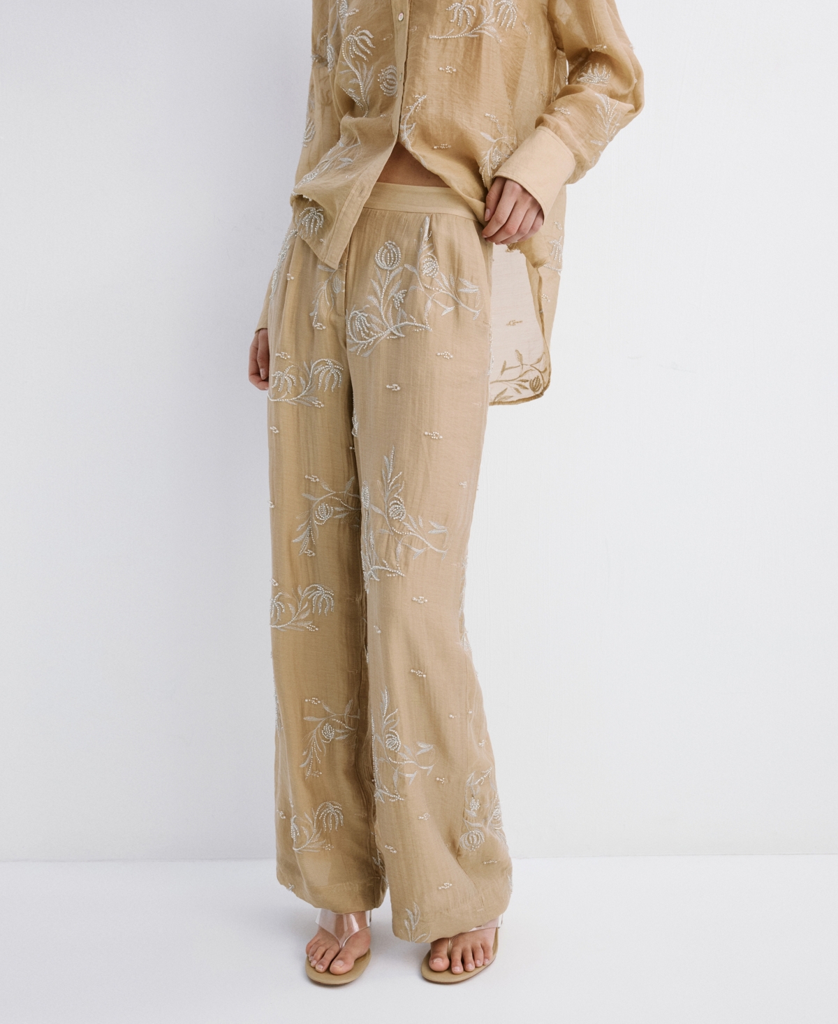 Click here for Mango Womens Embroidered Lyocell Pants - Beige prices