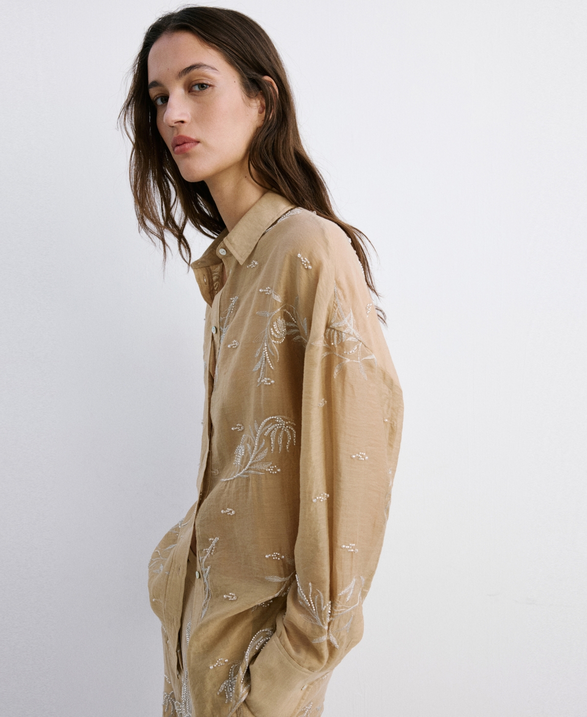 Click here for Mango Womens Embroidered Lyocell Shirt - Beige prices