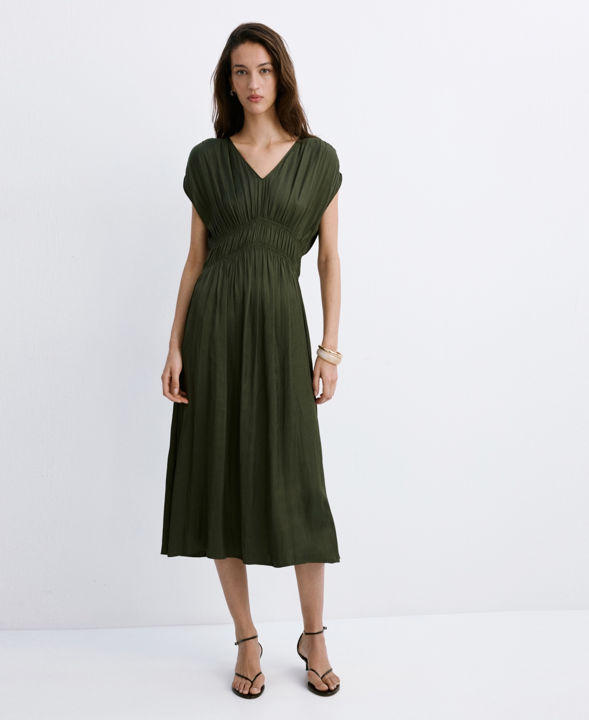 Click here for Mango Womens Gathered Midi-Dress - Khaik prices