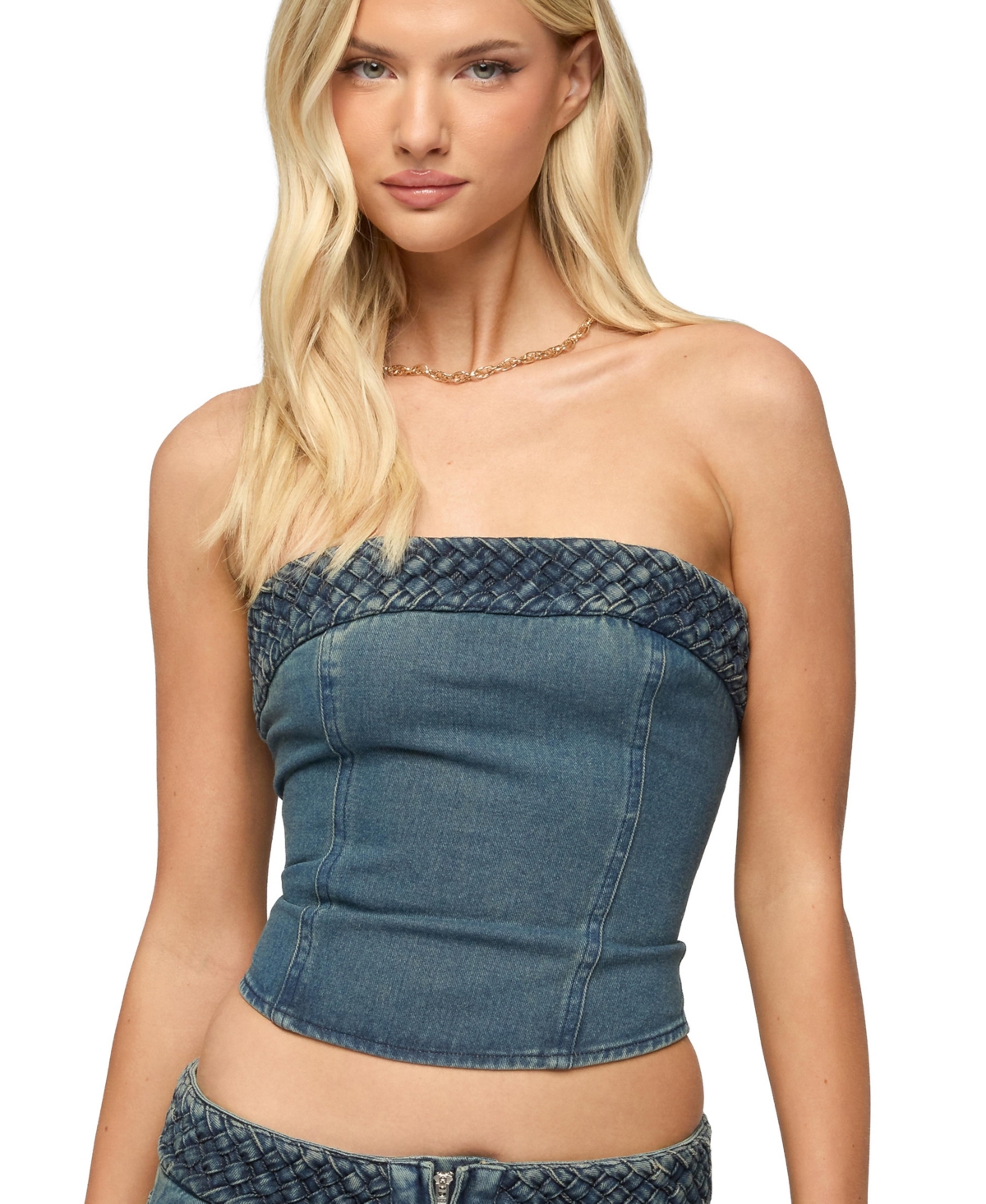 Click here for Edikted Womens Braidey Strapless Denim Top - Blue-... prices