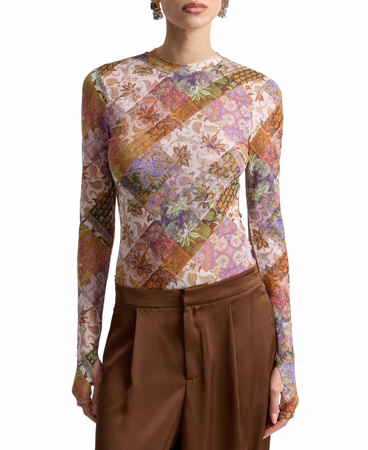 Click here for Avec Les Filles Womens Printed Long-Sleeve Mesh To... prices