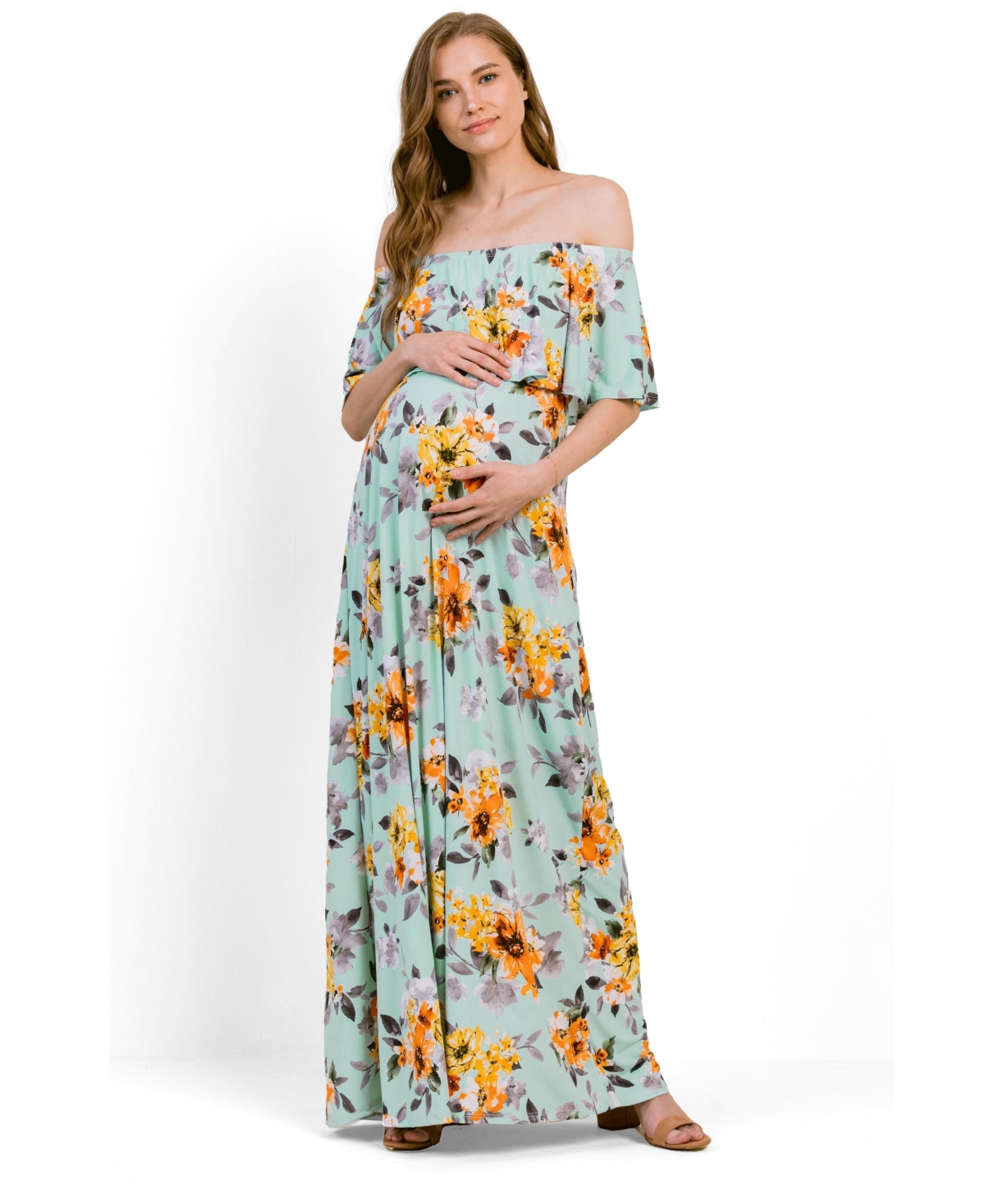 Click here for Hello Miz Maternity Off-Shoulder Ruffled Maxi Dres... prices