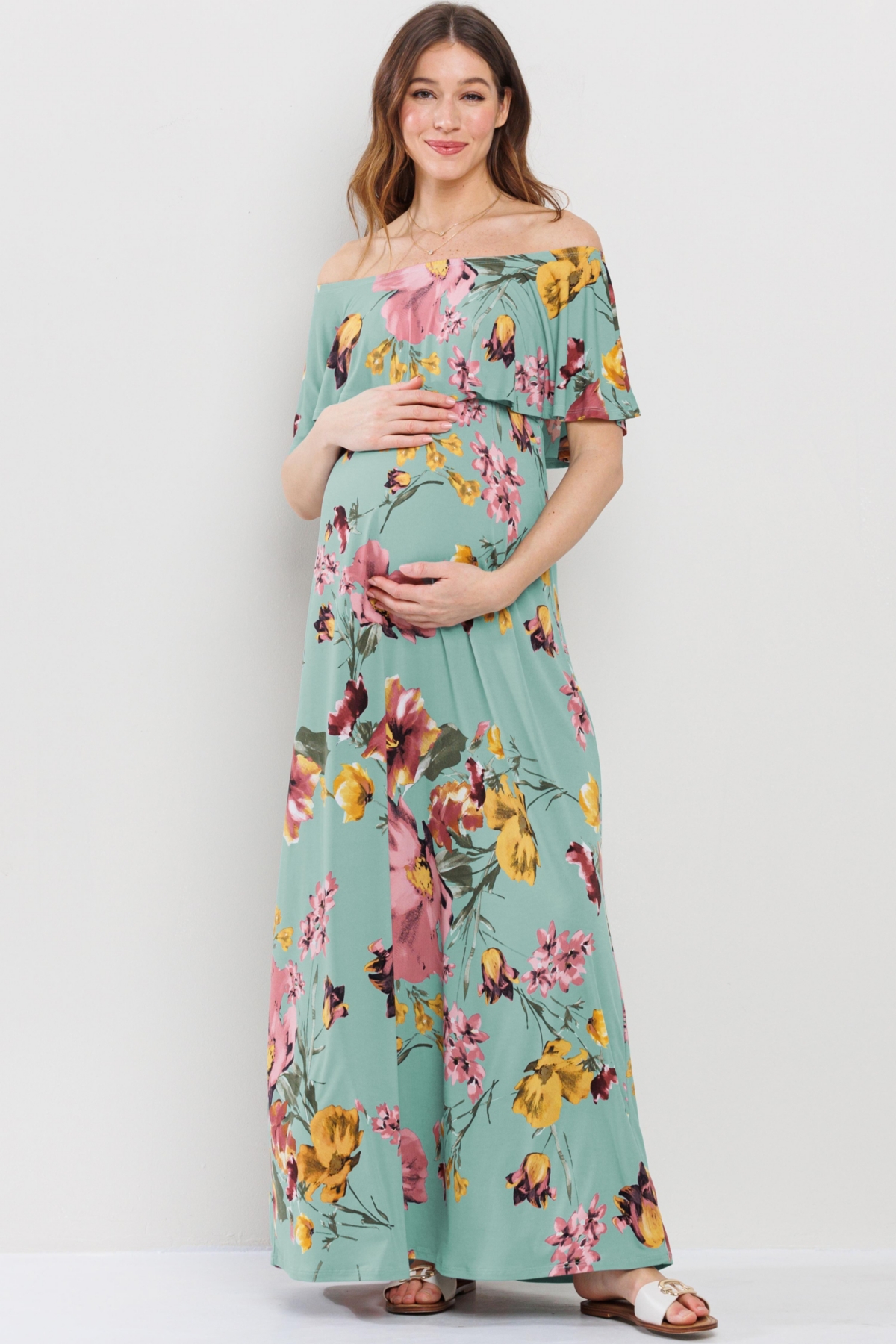Click here for Hello Miz Maternity Off-Shoulder Ruffled Maxi Dres... prices