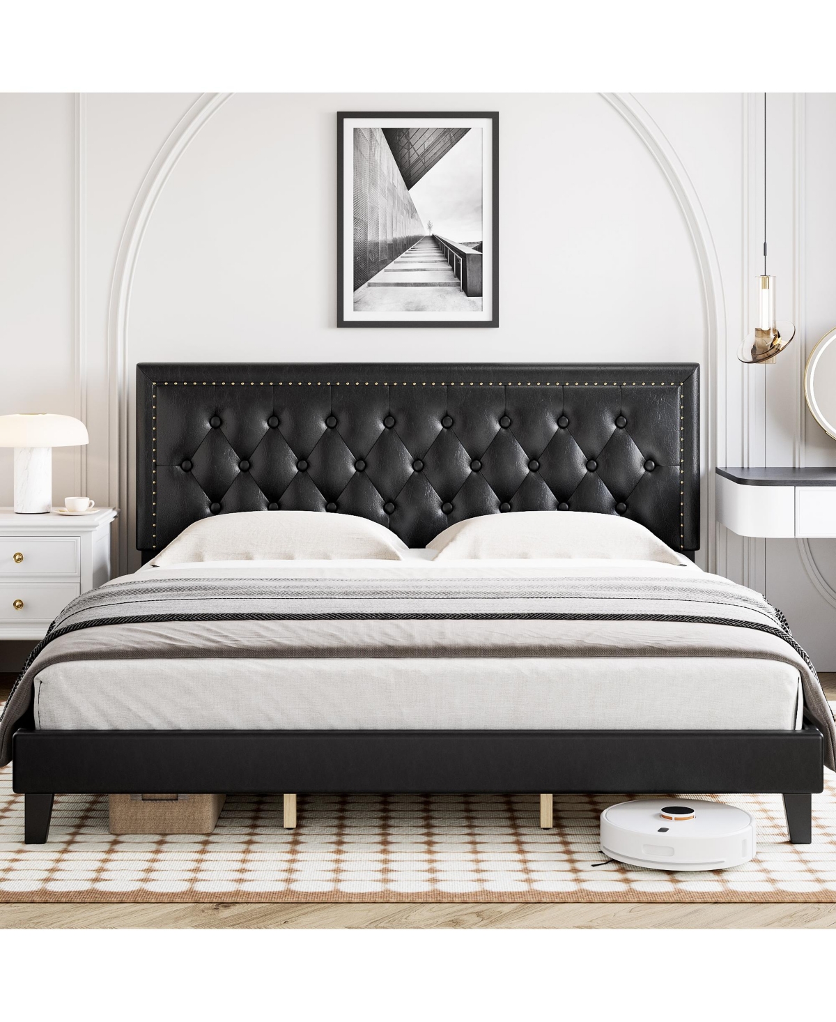 Click here for homfan Modern Bed Frame with Leather Headboard  Ex... prices