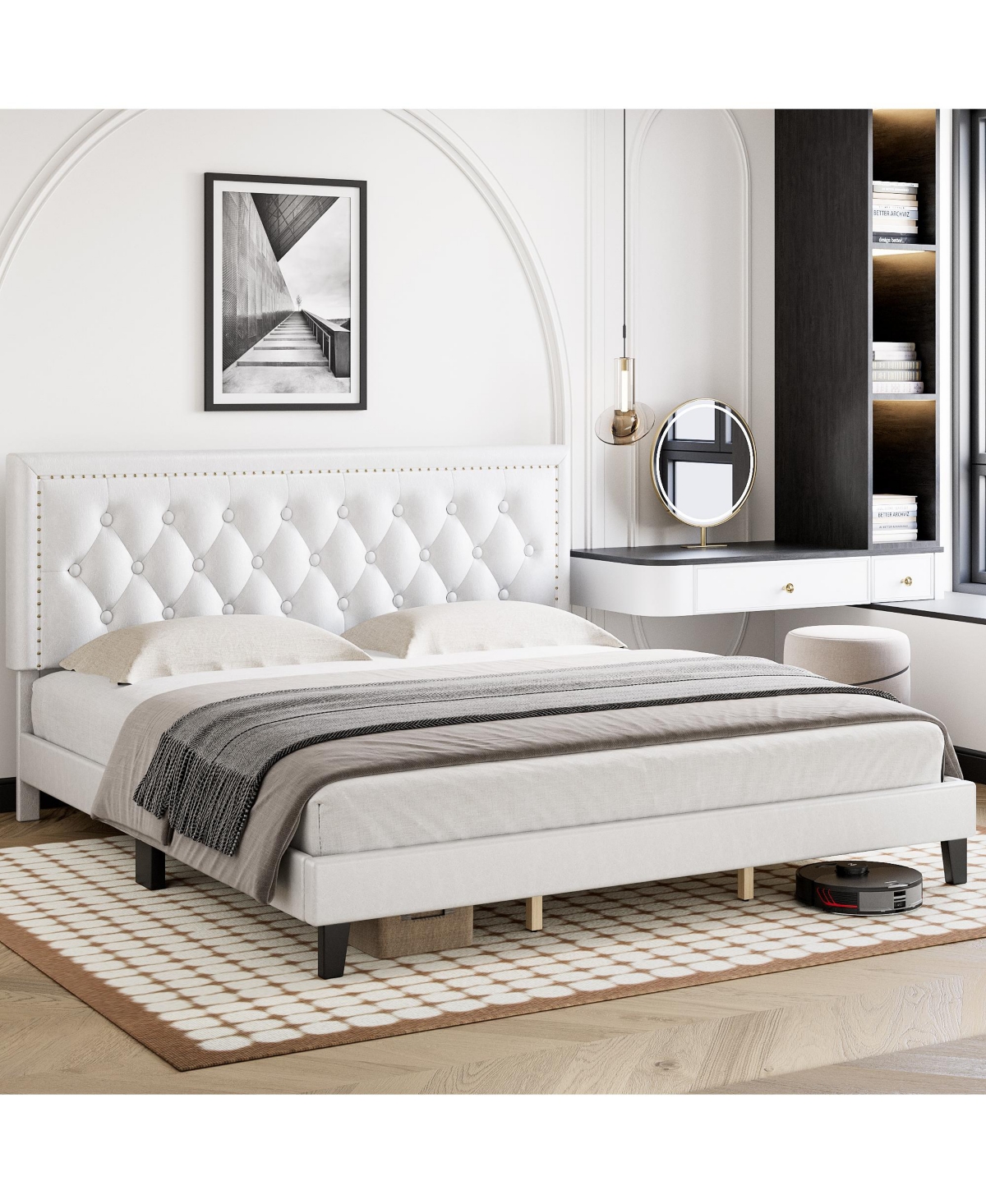 Click here for homfan Modern Bed Frame with Leather Headboard  Ex... prices