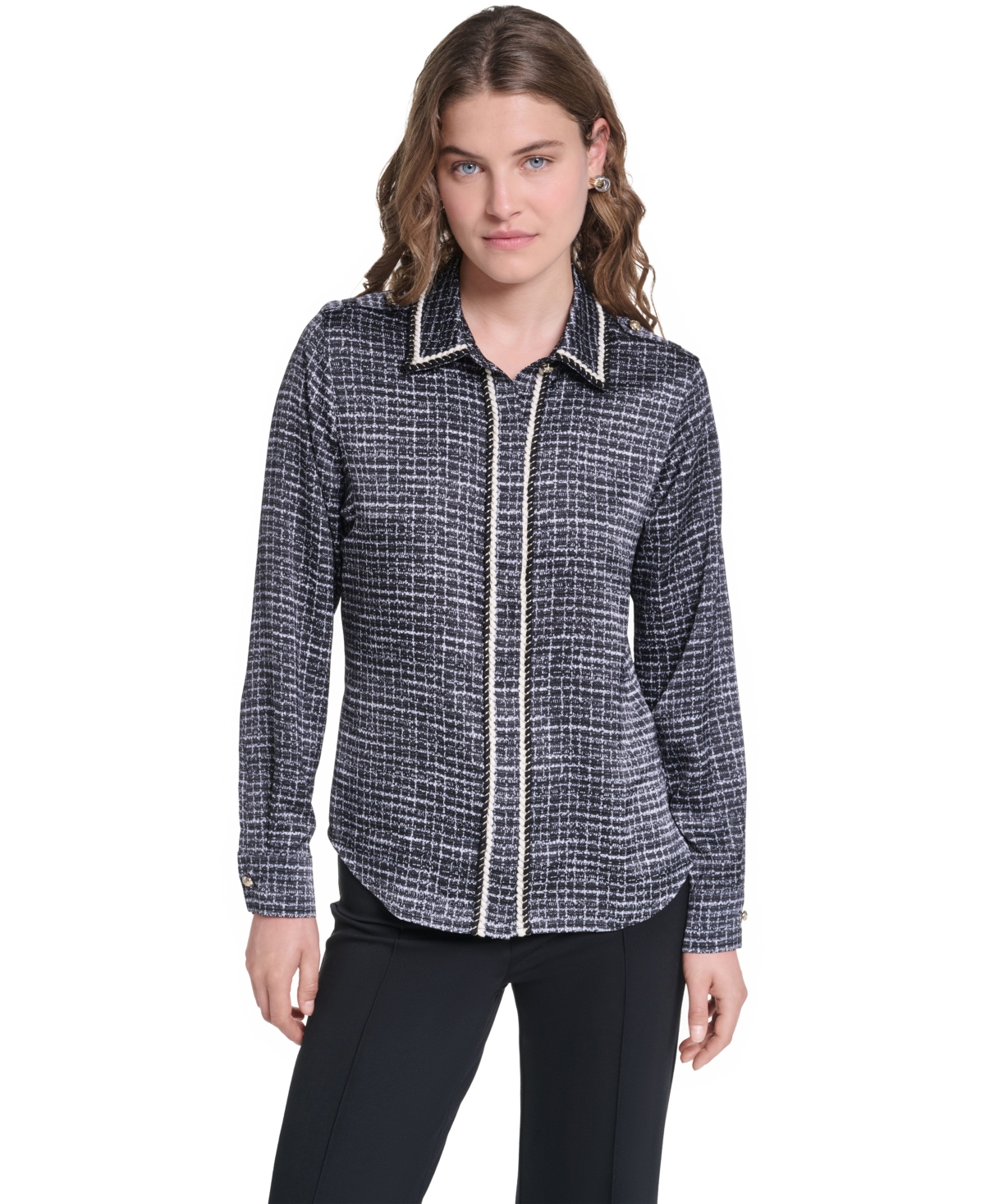 Click here for Karl Lagerfeld Paris Petite Print Tweed Trim Top -... prices