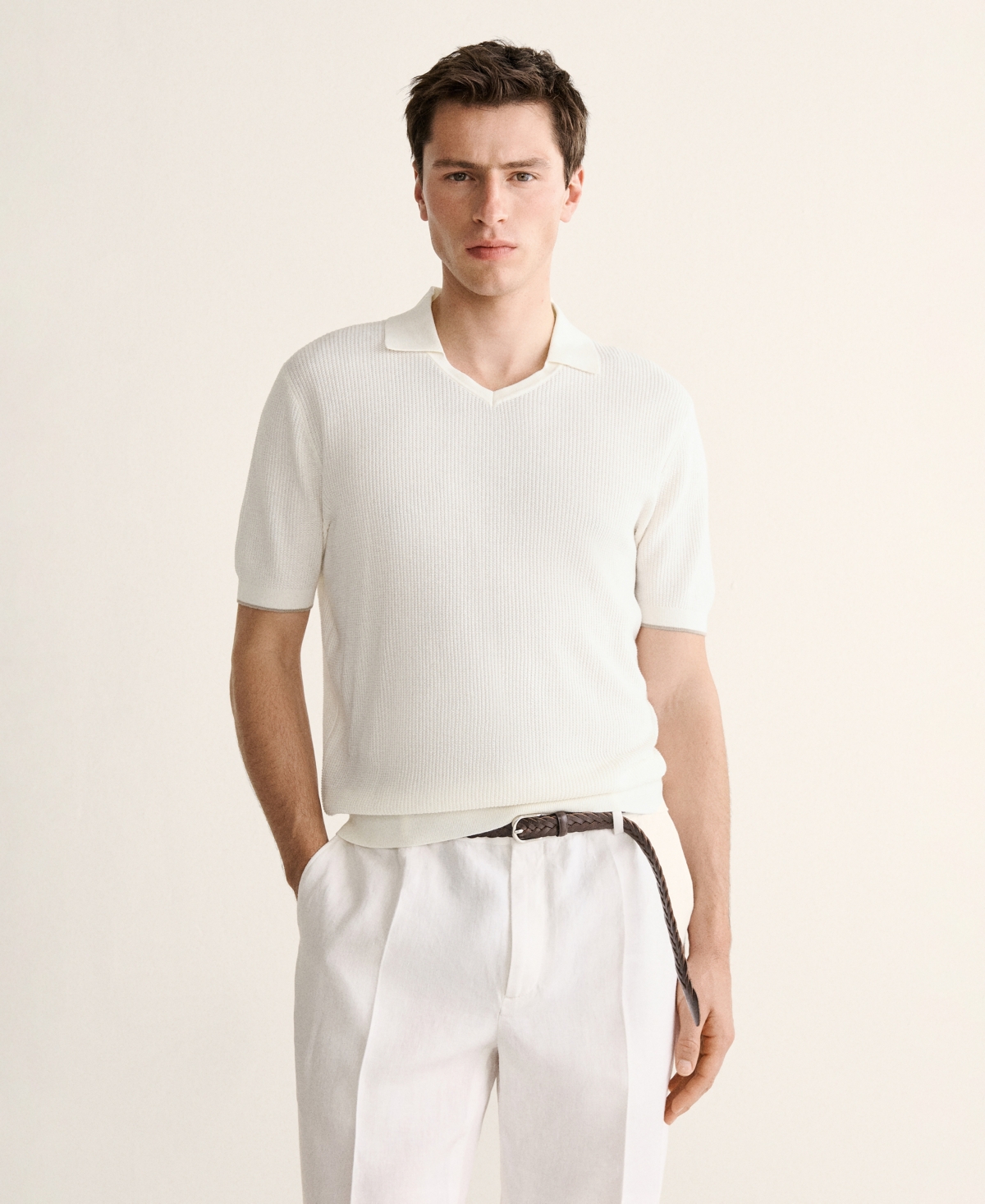Click here for Mango Mens Cotton-Lyocell Knit Polo Shirt - Off Wh... prices