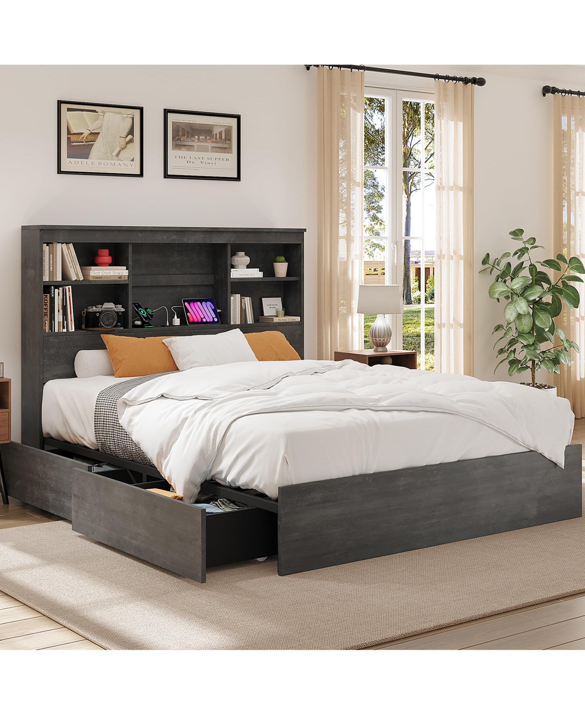 Click here for homfan Wood Bed Frame with Bookcase Headboard  4 S... prices