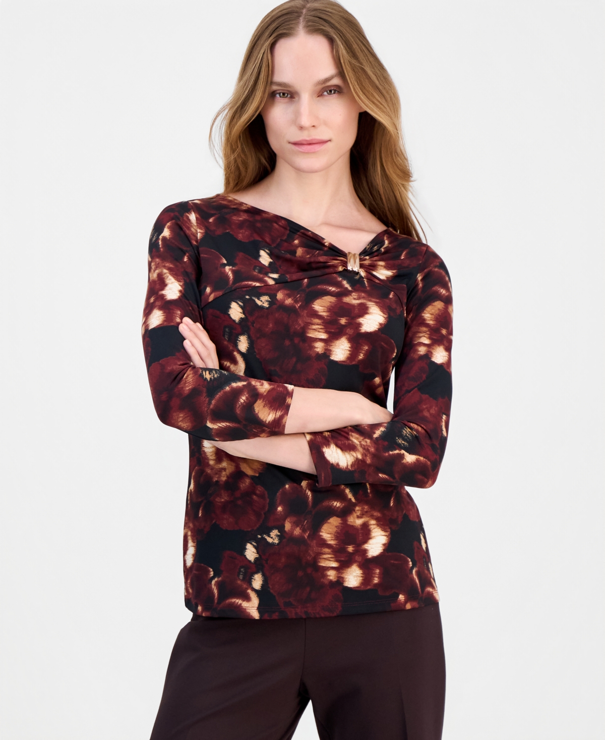 Click here for Anne Klein Petite Boat Neck Asymmetric Gathered Tw... prices