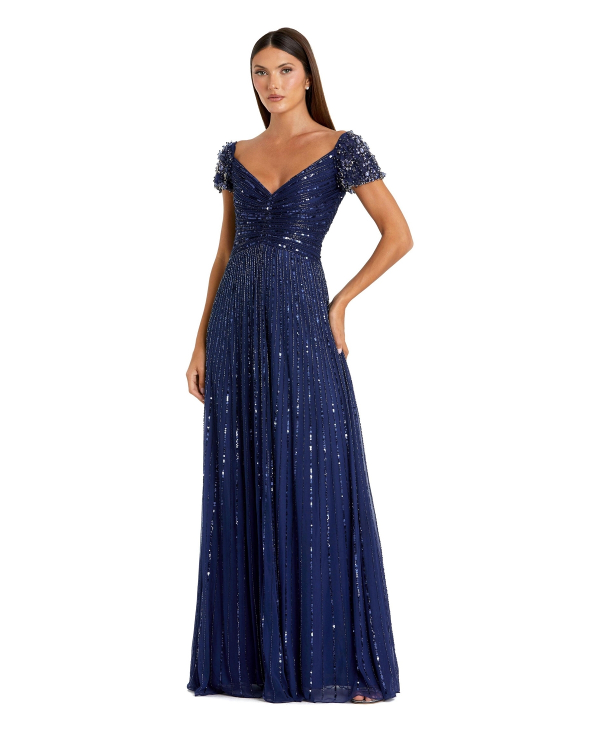 Click here for Mac Duggal Womens Beaded Cap Sleeve V-Neck A-Line... prices