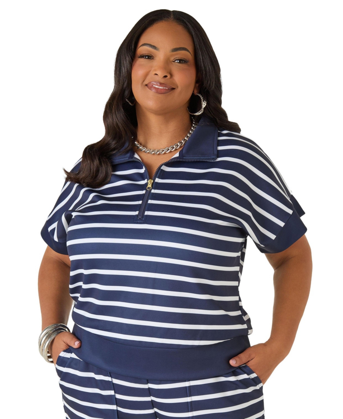 Click here for Ashley Stewart Womens Athletic Knit Striped Pullov... prices