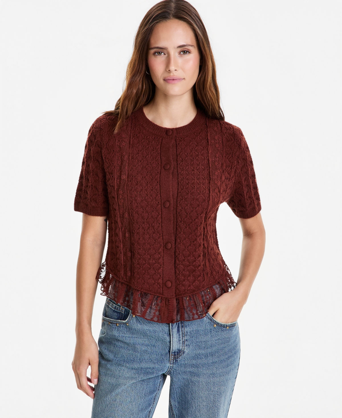 Click here for And Now This Womens Pointelle Lace-Hem Short-Sleev... prices