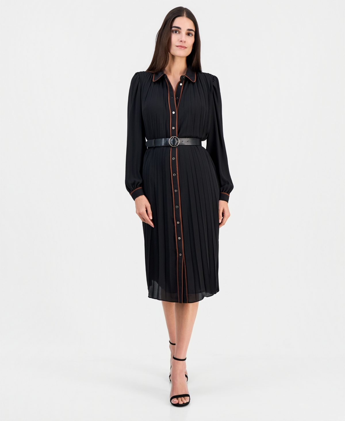 Click here for T Tahari Womens Contrast-Tipped Belted Long-Sleeve... prices