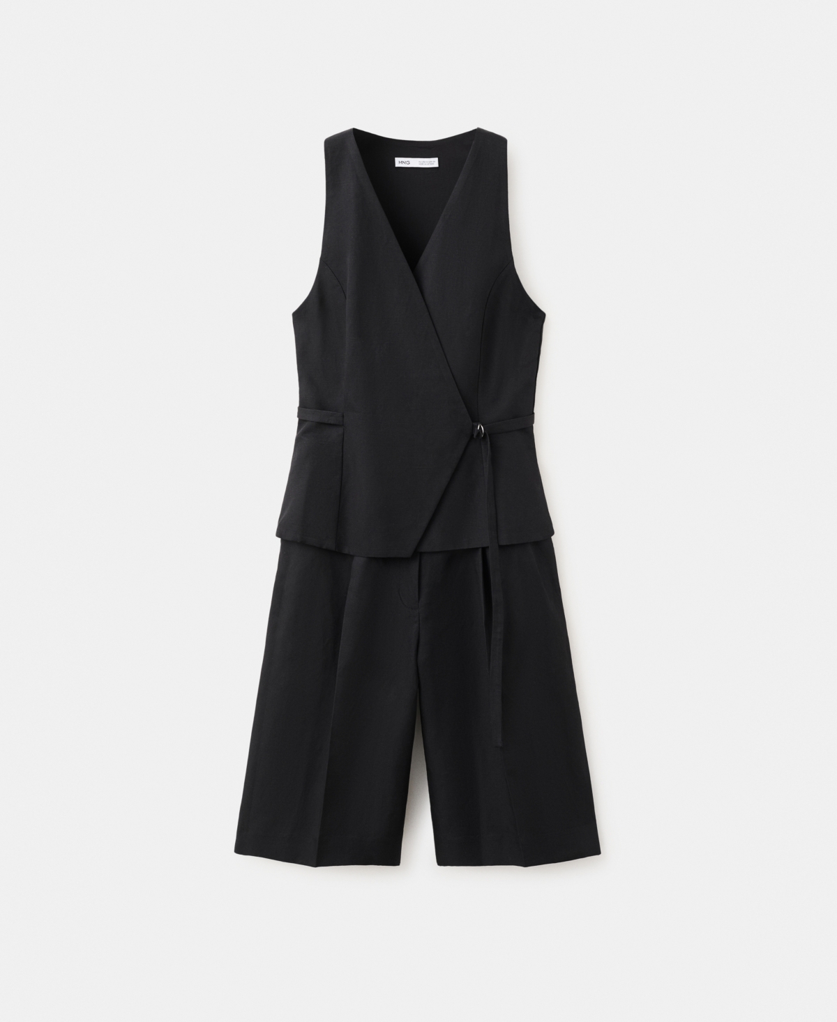 Click here for Mango Womens Linen-Blend Wrap Jumpsuit - Black prices