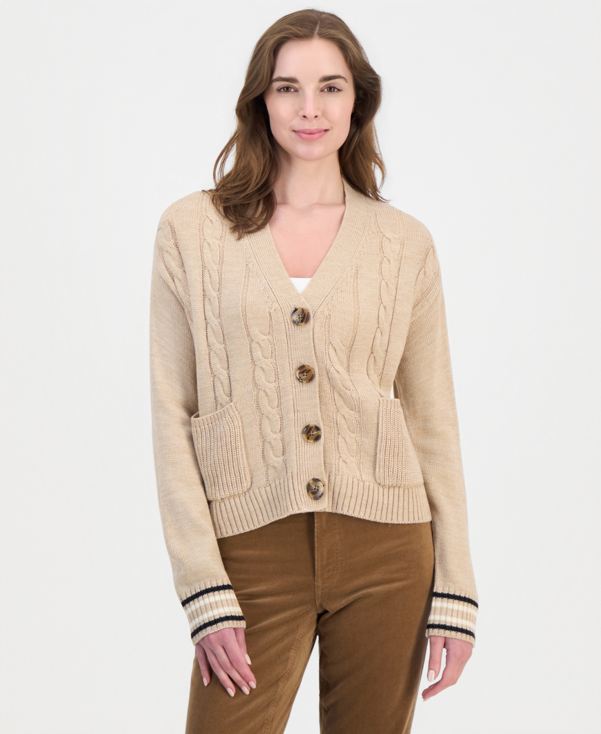 Click here for Nautica Womens Cable-Front V-Neck Cardigan - Brown prices