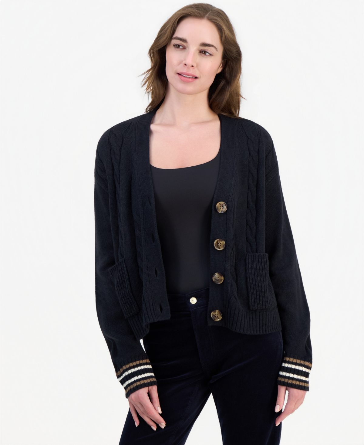 Click here for Nautica Womens Cable-Front V-Neck Cardigan - Navy prices