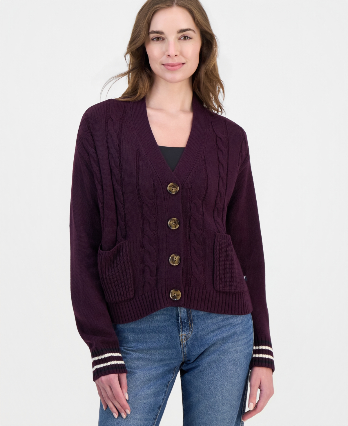 Click here for Nautica Womens Cable-Front V-Neck Cardigan - Purpl... prices