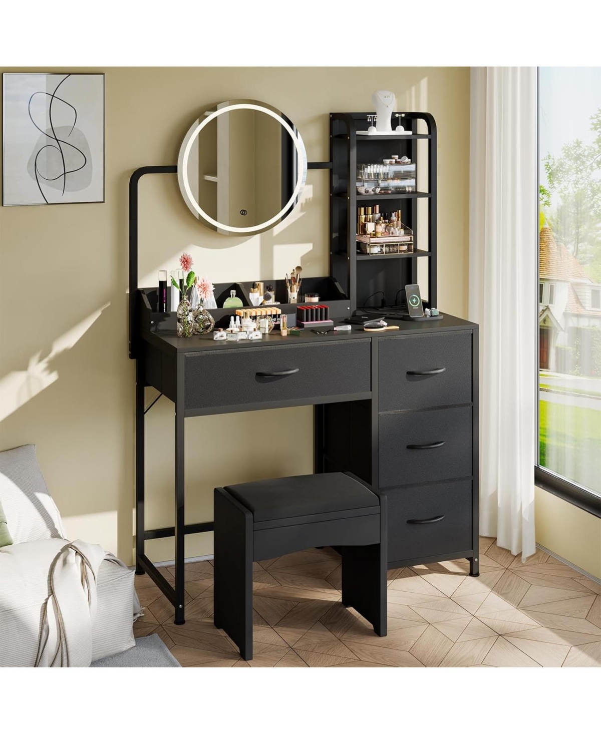 Click here for gaomon Modern Lighted Mirror Vanity  4-Drawer Make... prices