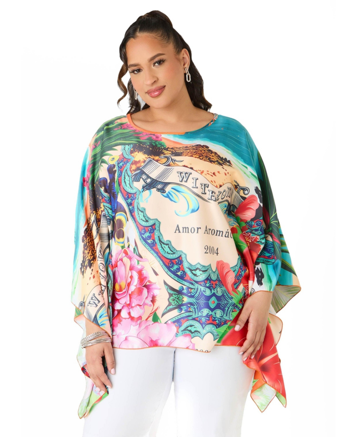 Click here for Ashley Stewart Womens Postcard Print Satin Tunic -... prices