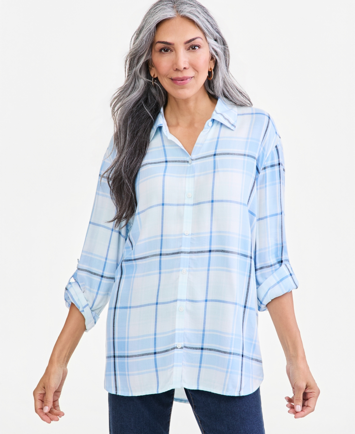 Click here for Style & Co Womens Plaid Long Roll-Tab Sleeves Rayo... prices