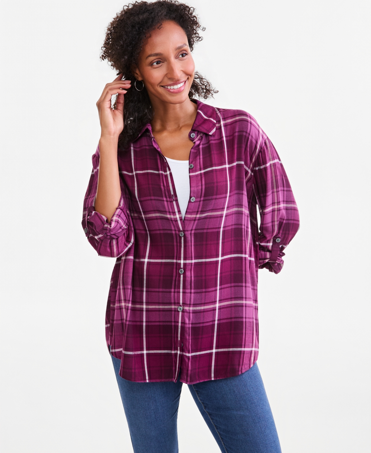 Click here for Style & Co Womens Plaid Roll-Tab Shirt  Macys Excl... prices