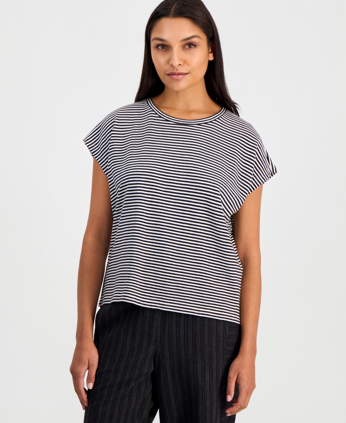 Click here for Eileen Fisher Womens Cotton Striped Cap-Sleeve Cre... prices