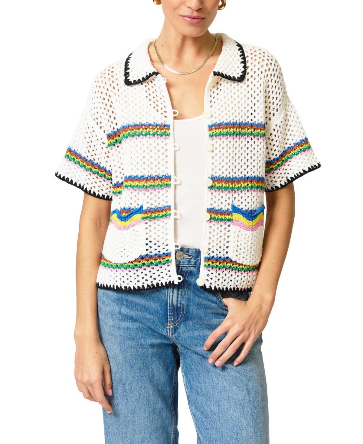 Click here for Central Park West Womens Noa Crochet Stripe Button... prices