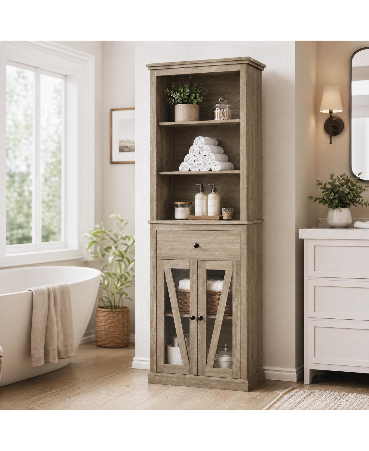 Click here for homfan Tall Mid-Century Pantry Cabinet with Open S... prices