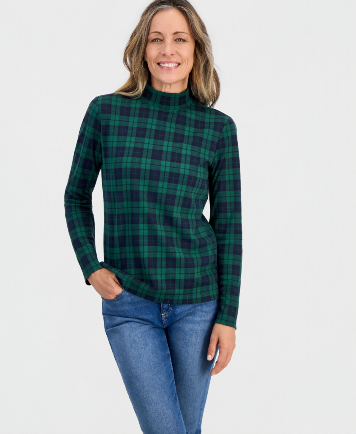 Click here for Style & Co Petite Plaid Long-Sleeve Mock-Neck Top... prices