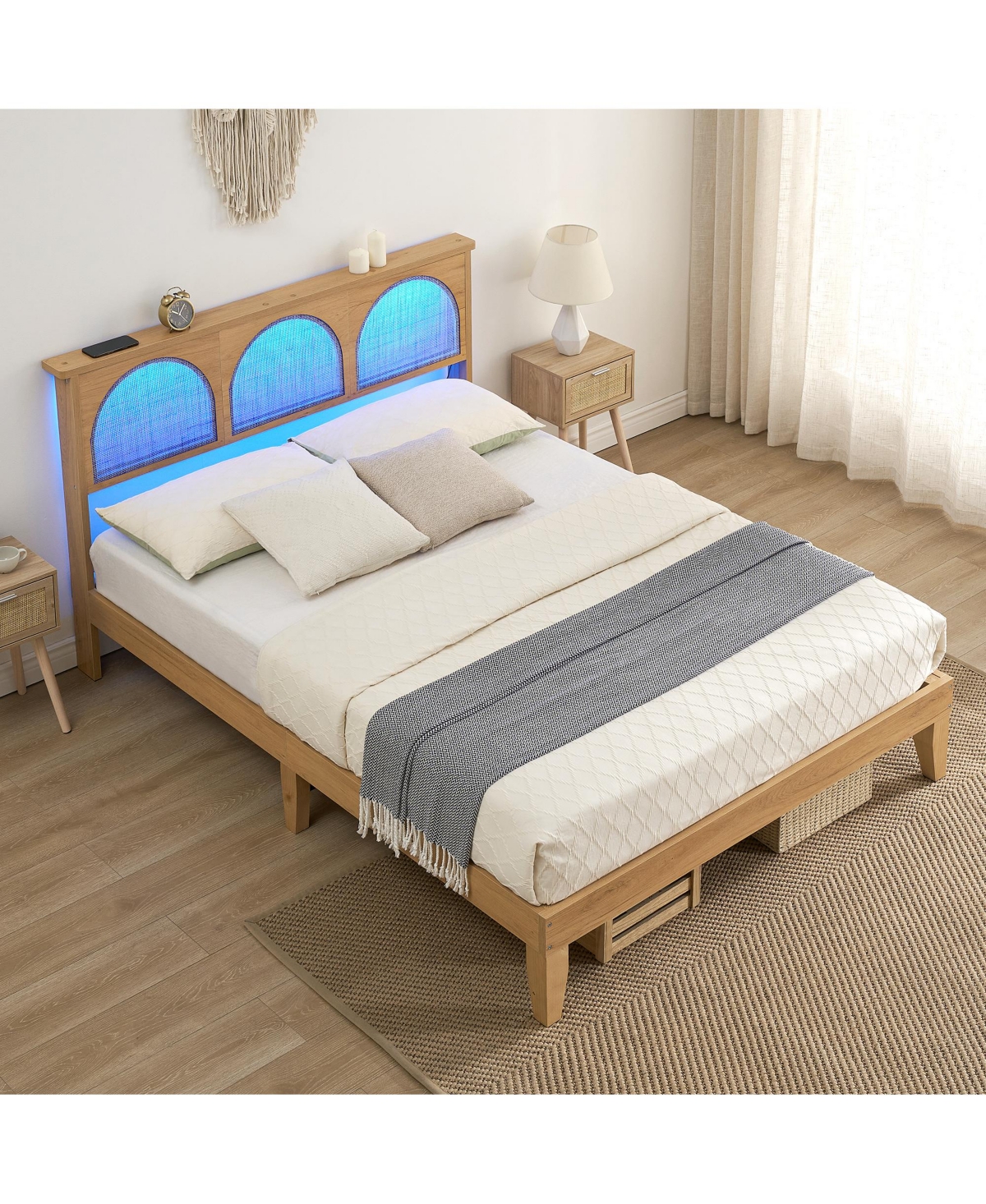 Click here for homfan Modern Rattan Headboard Bed Frame with Led... prices