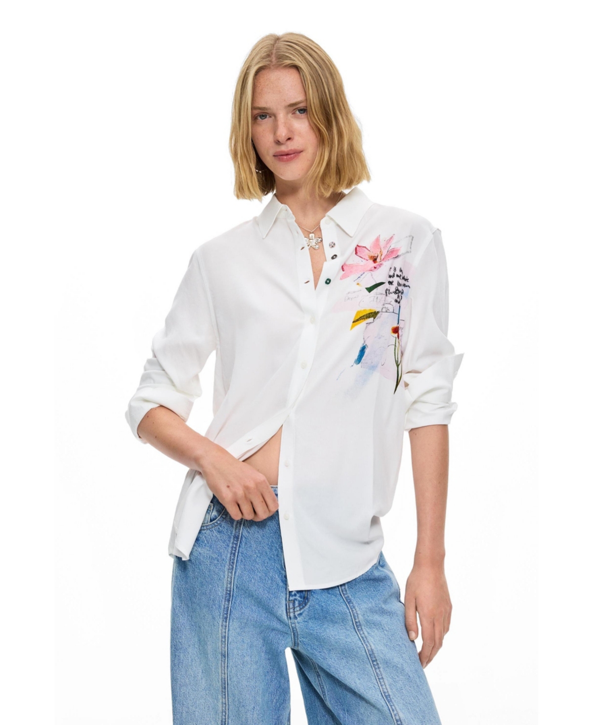Click here for Desigual Womens Embroidered floral shirt - White prices