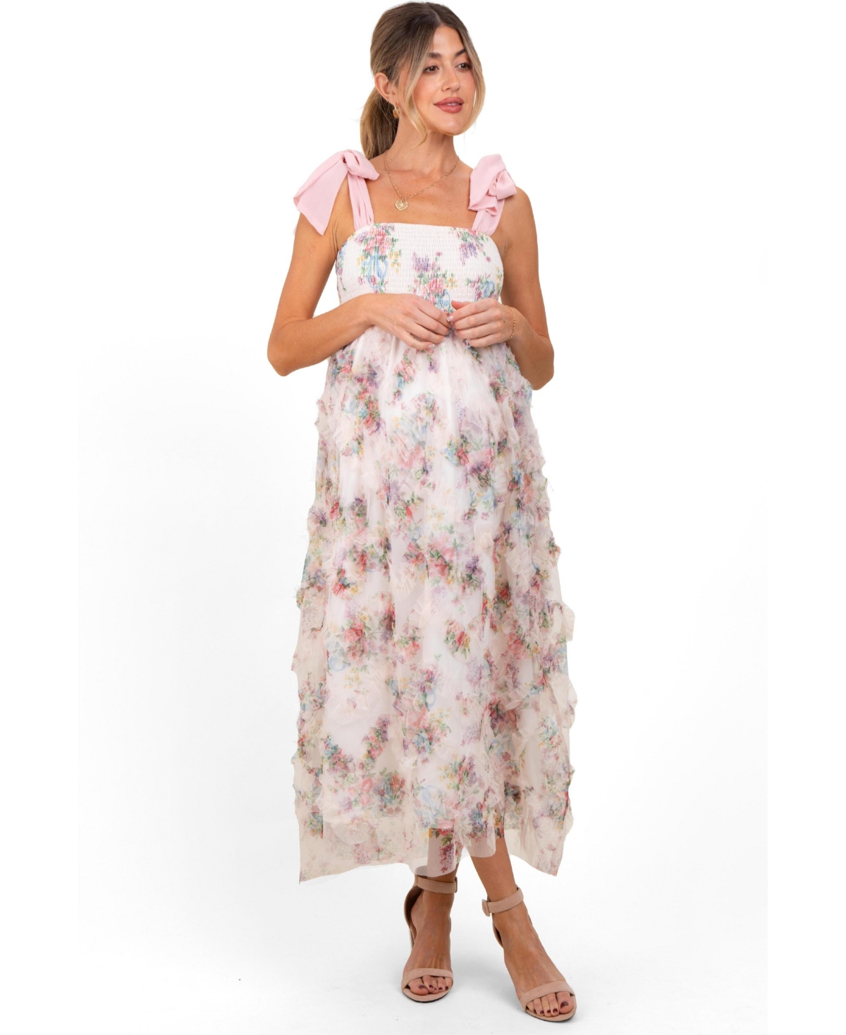 Click here for Pinkblush Maternity Cream Floral Smocked Shoulder... prices